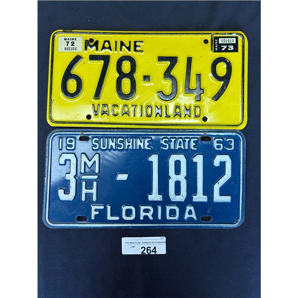 2 Vintage License Plates, Maine 1973 And Florida 1963