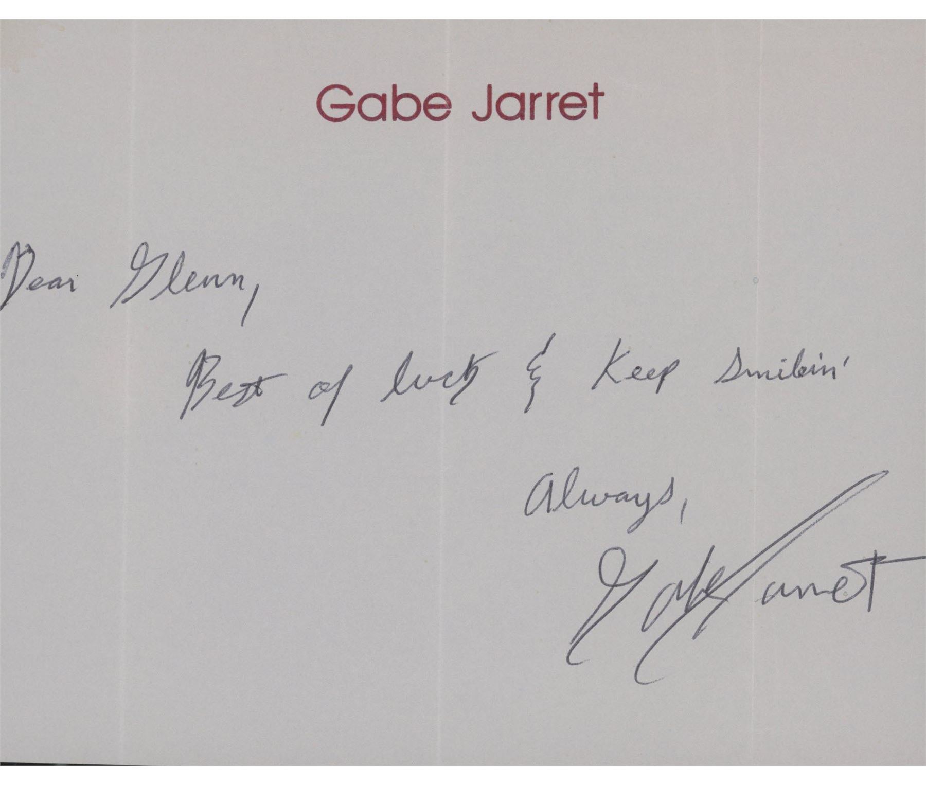 The Real Genius' Gabe Jarret signed note