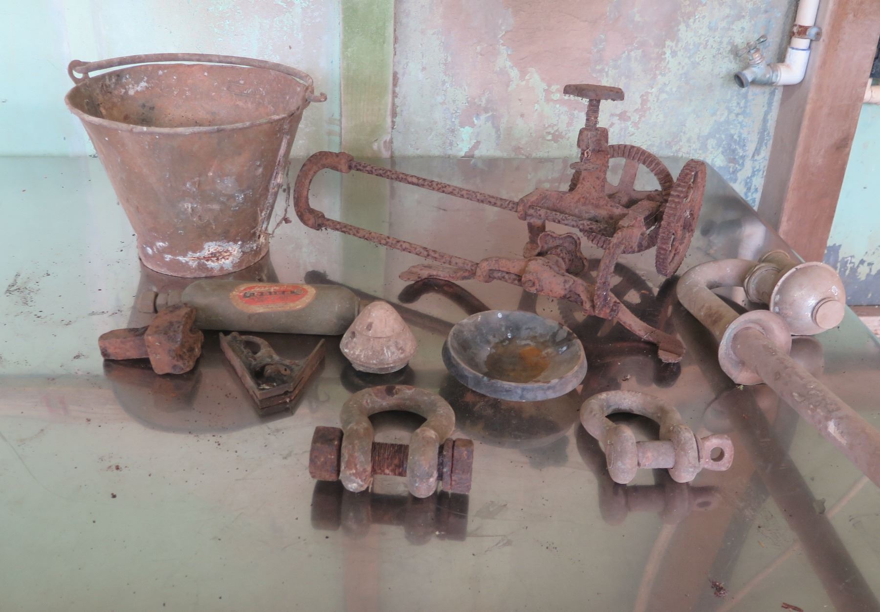 Vintage Metal Bucket, Shackles, Torpedo Drier Filter, etc