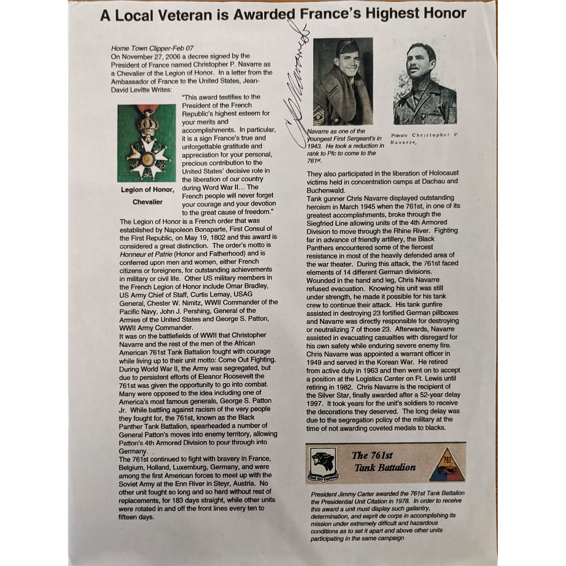 WW2 Christopher Navarre Signed Article