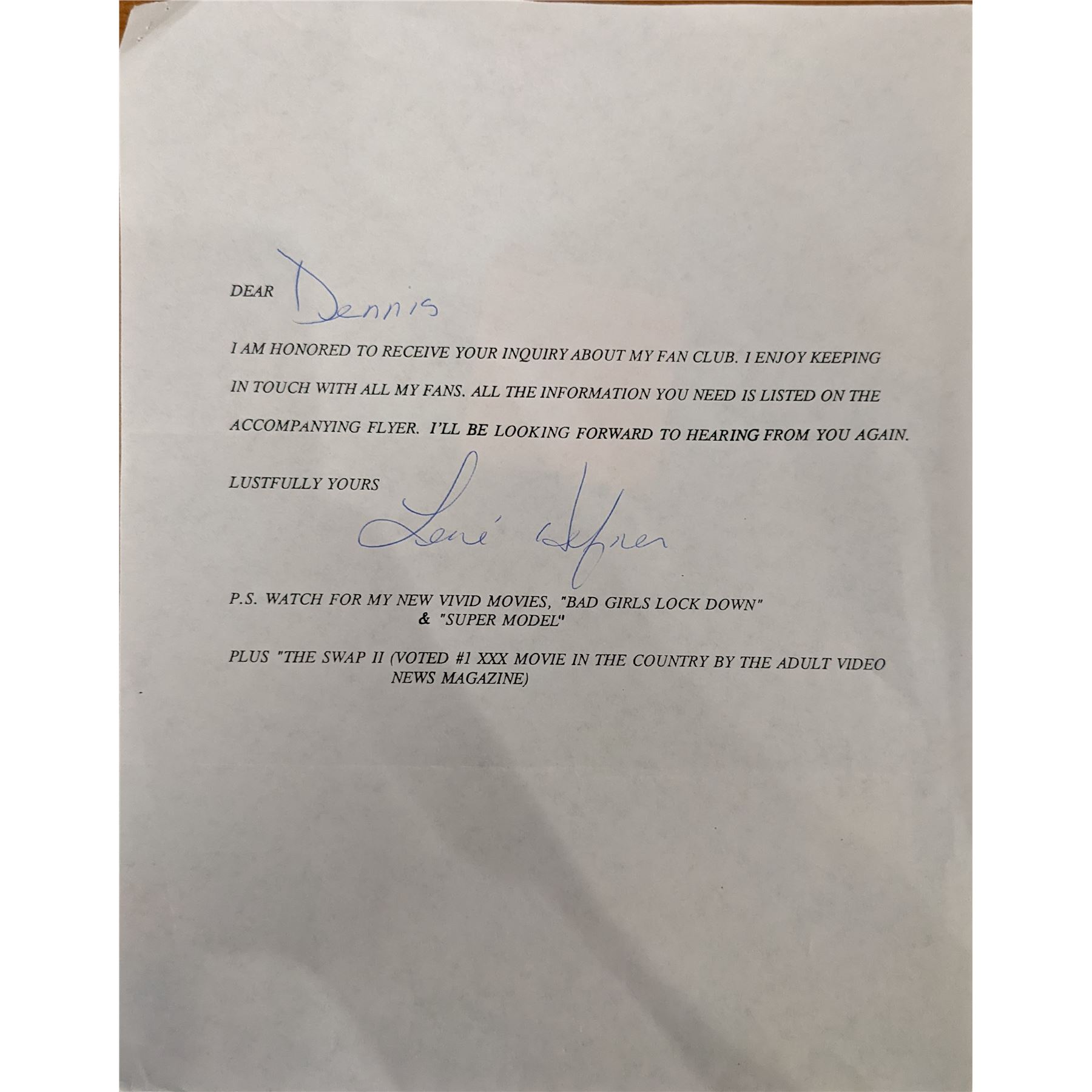 Lene Hefner Signed Note