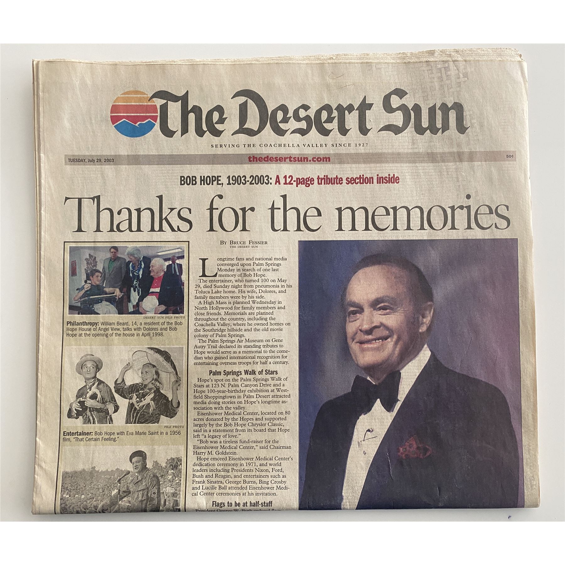 The Desert Sun Bob Hope commemorative original 2003 vintage newspaper