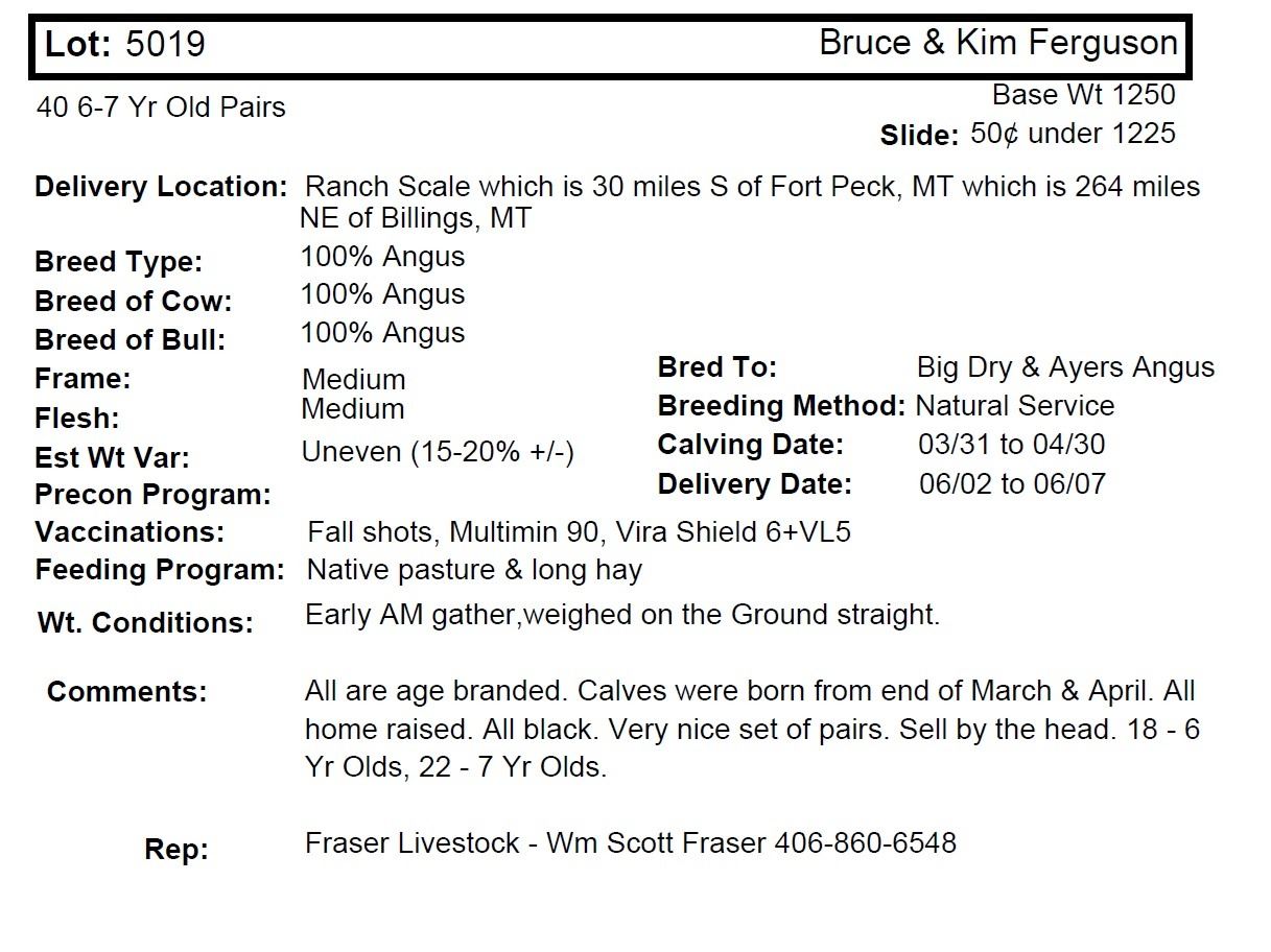 Bruce & Kim Ferguson, 40 6-7 Yr Old Pairs @ 1250 lbs; Del 6/2-6/7