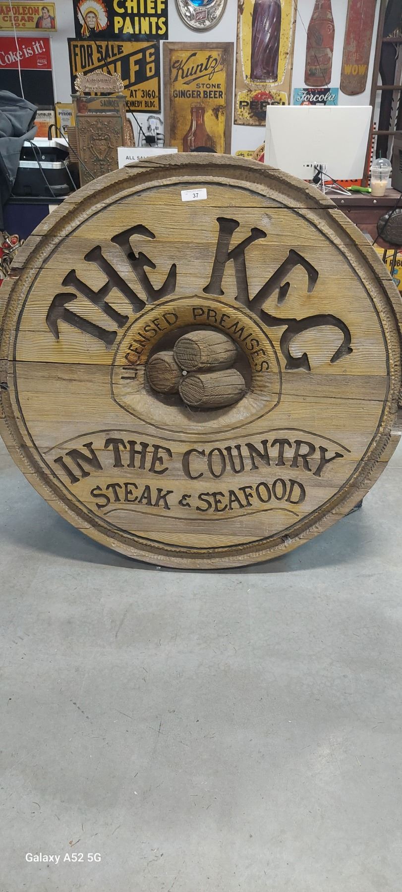 Original Keg in the Country wooden sign 49" diameter, 4" thick