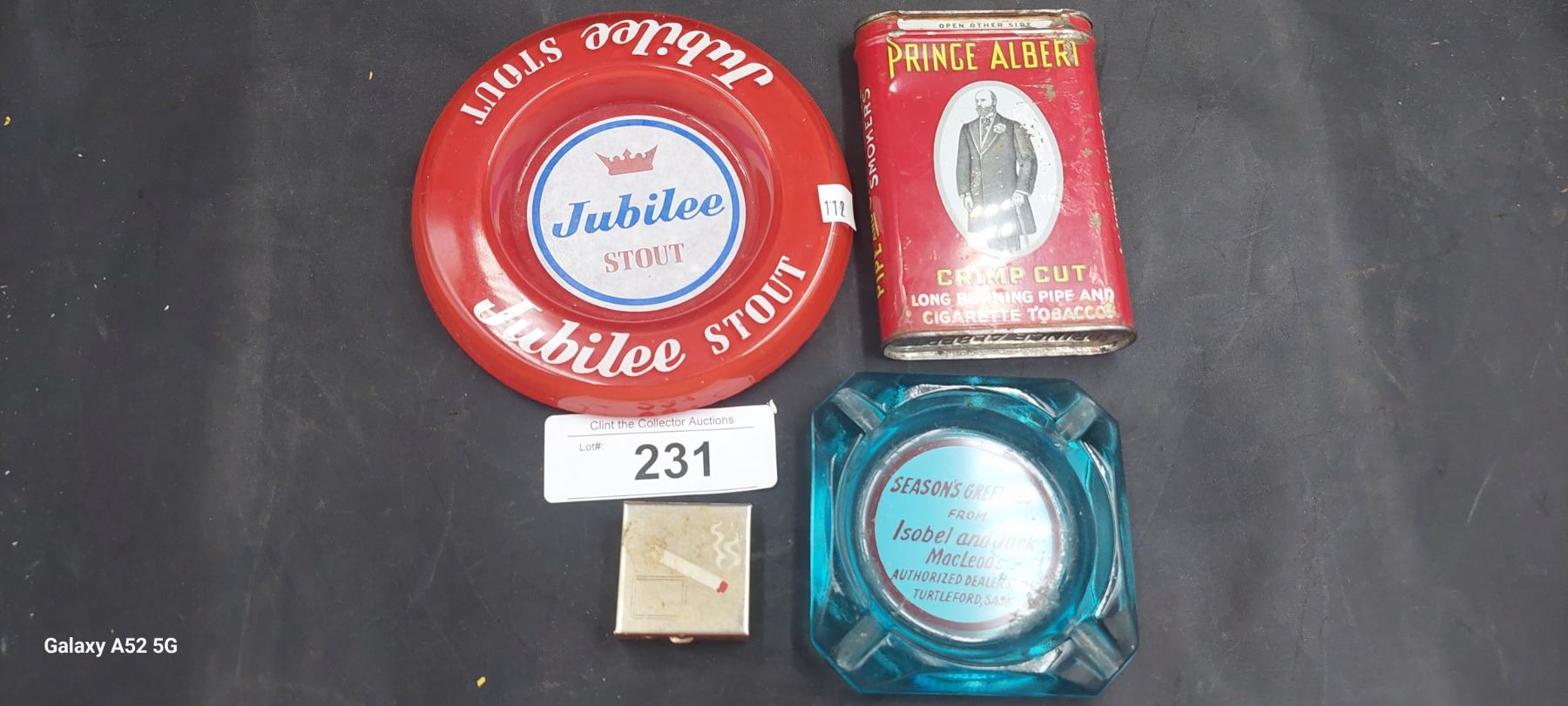 Vintage 2 ashtrays and Prince Albert tobacco tin & Jewelry ash box