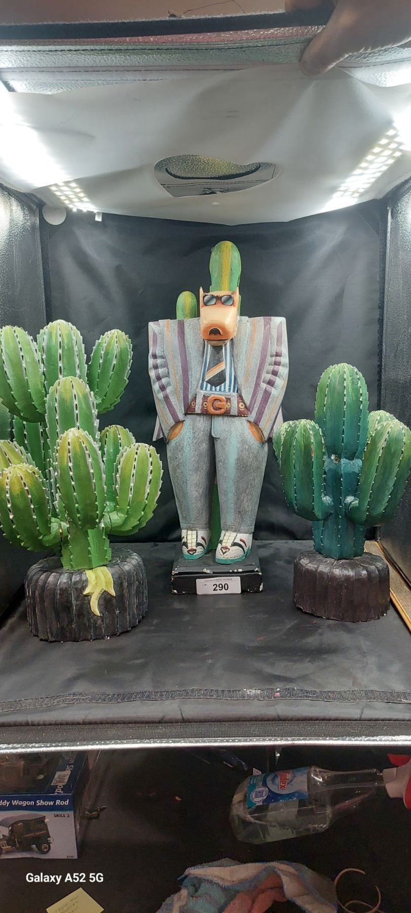 Very cool 80s Markus Pierson "Coyote" wood sculptre with cactai 21" tall