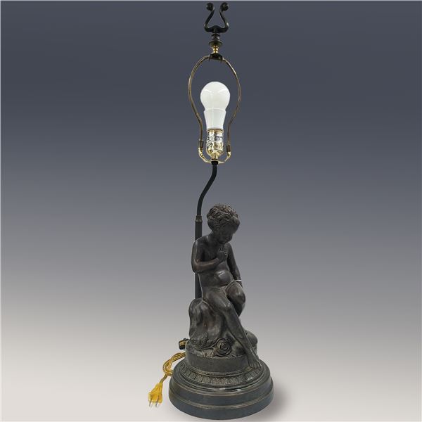 Antique Bronze Cherub Statue Converted Into Table Lamp