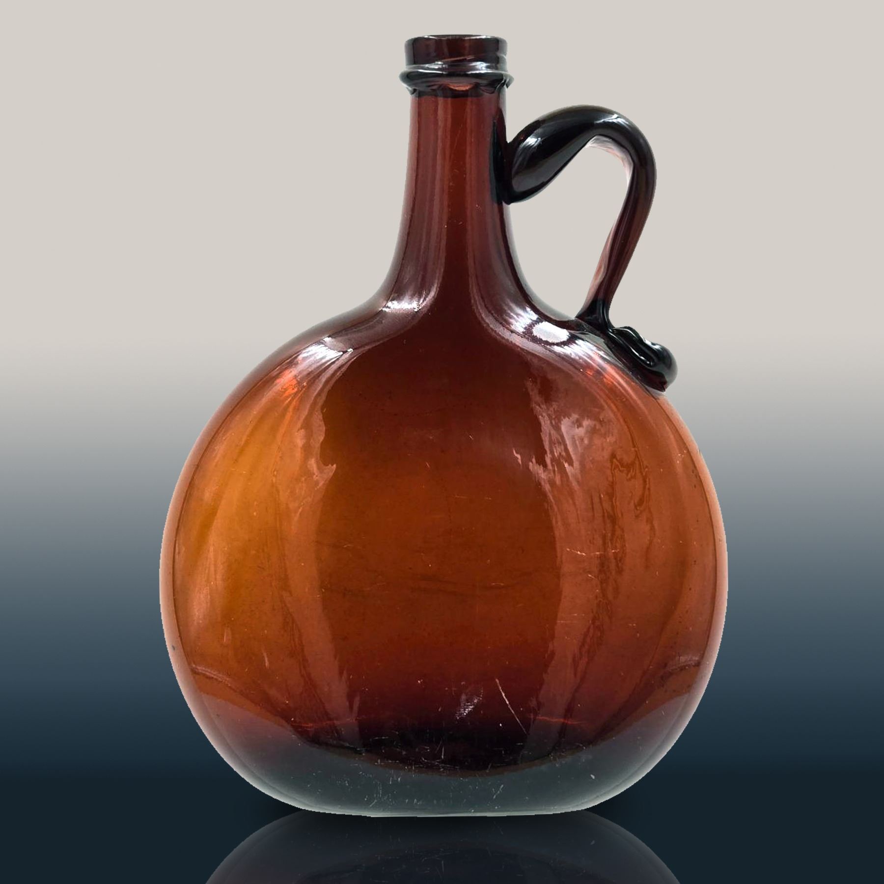 Hand Blown Amber Glass Bottle / Flask OPEN PONTIL AND APPLIED HANDLE