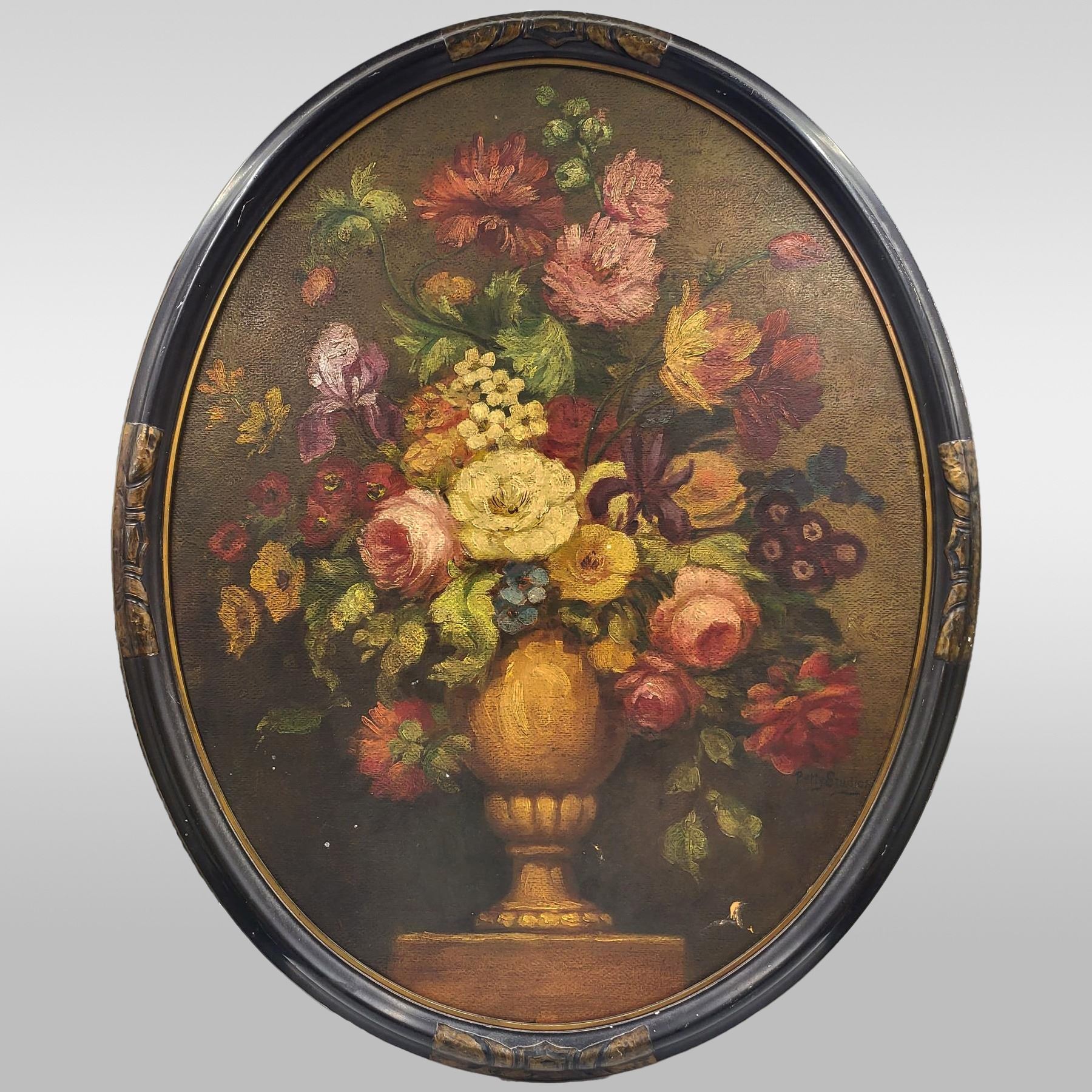 Oval Framed Oil On Board Floral Still Life Painting