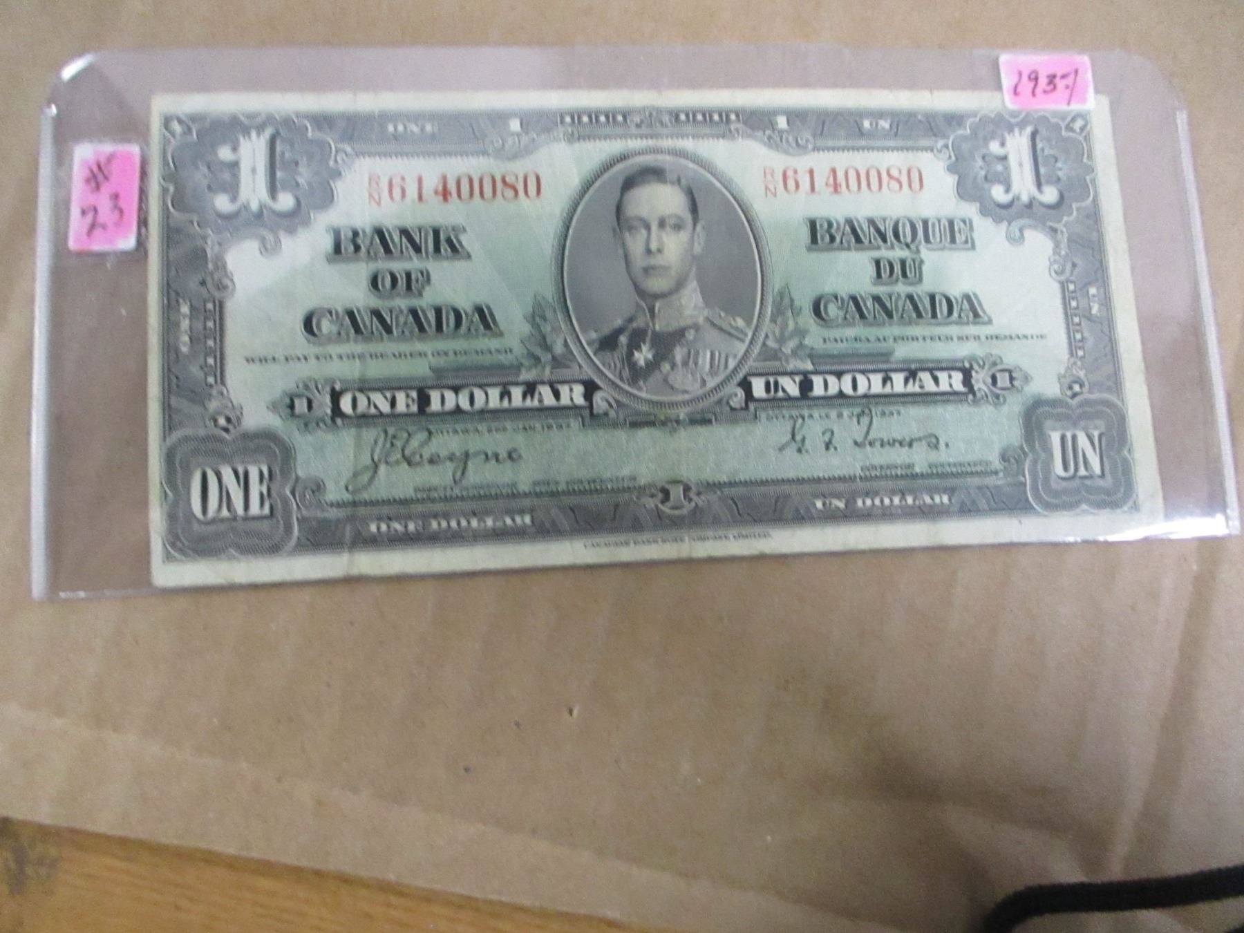 1937 BANK OF CANADA KING GEORGE VI DOLLAR BILL