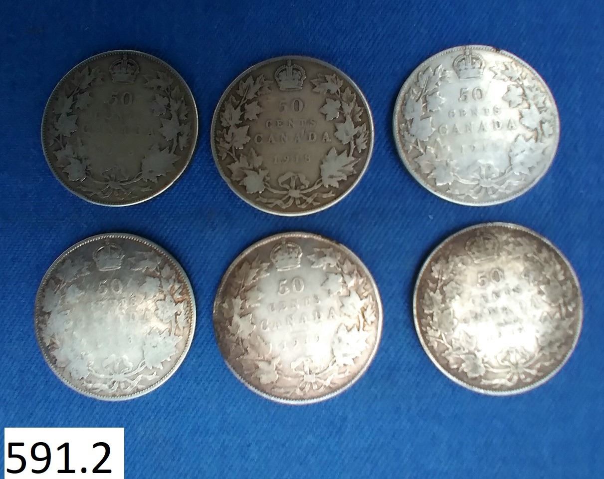 Group of 6 Canadian half-dollars, 50-cent pieces, including - 1914, 1916, 2-1918, and 2-1919 ...