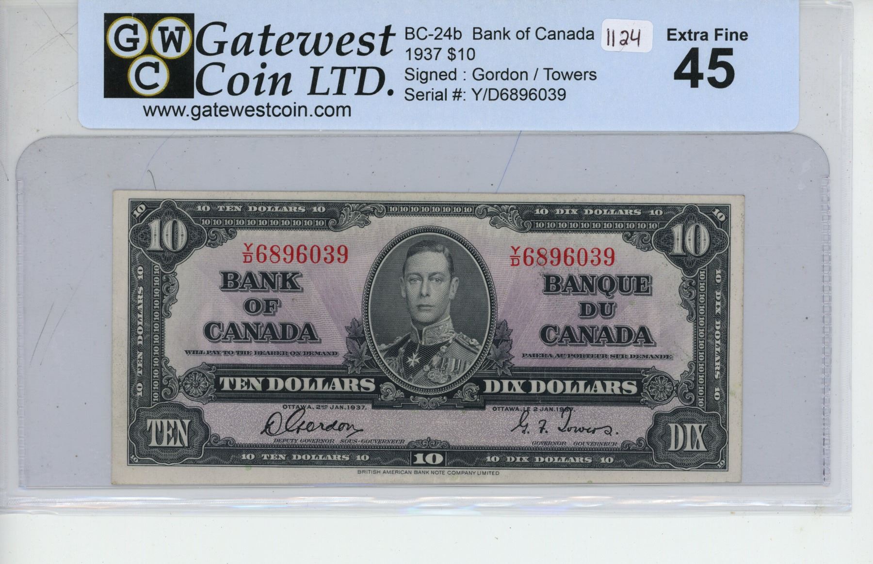 1937 BC-24b 10 dollar, Gordon-Towers, Y/D6896039 EF-45 - Schmalz Auctions