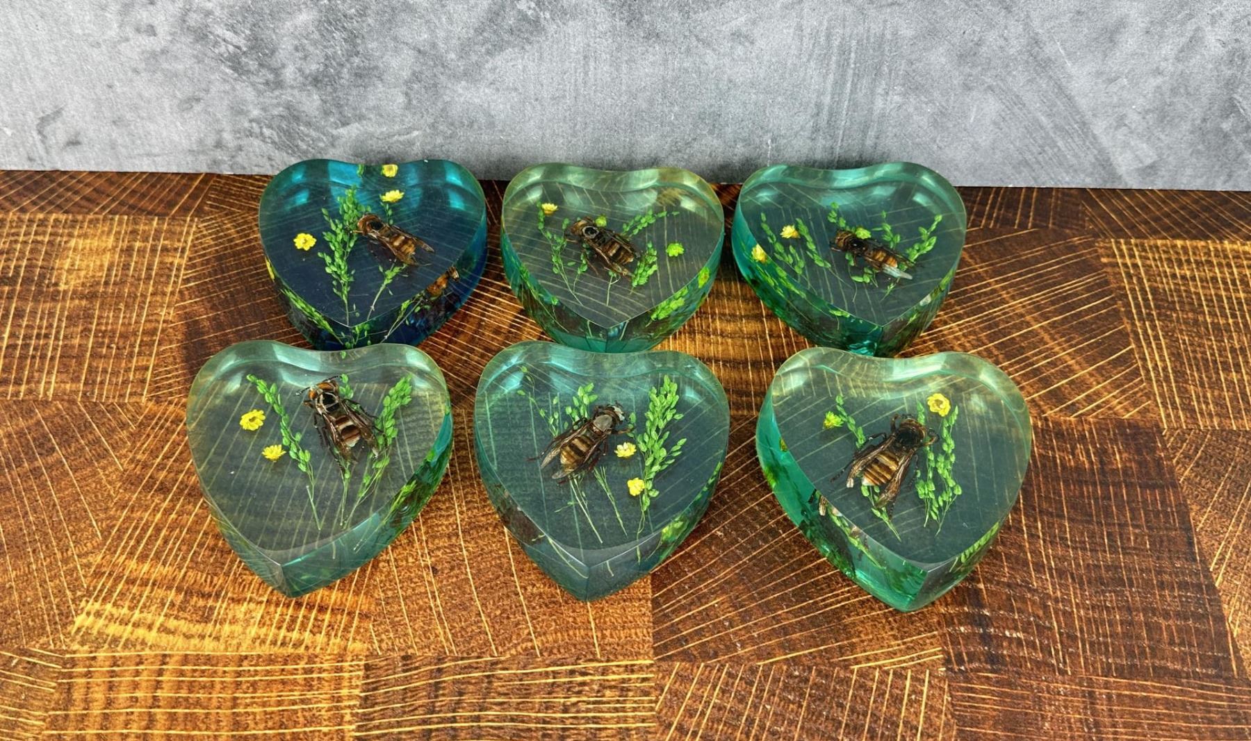 Lucite Acrylic Heart Shaped Bee Paperweights