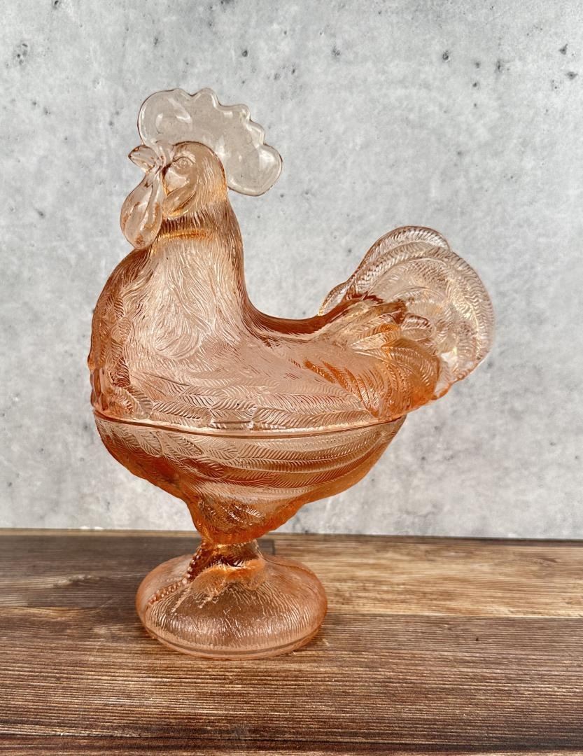 LE Smith Pink Glass Rooster Candy Dish