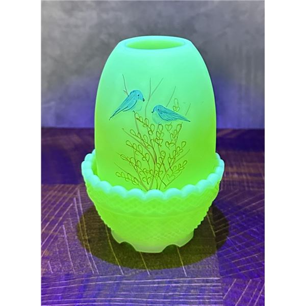 Fenton Glass Yellow Custard Blue Bird Fairy Lamp