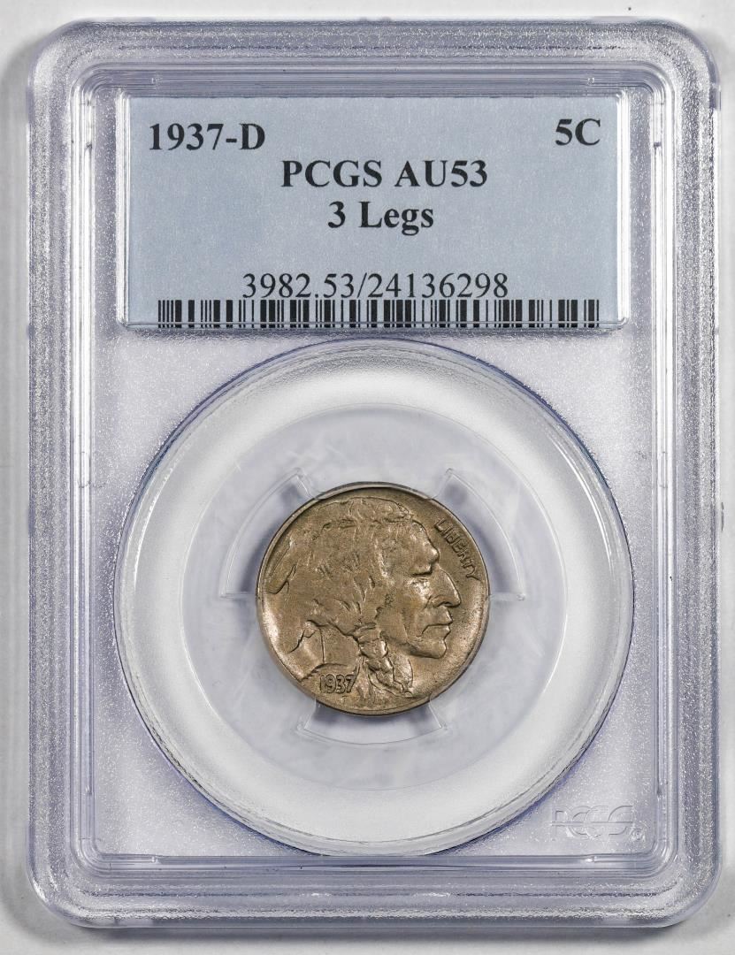 1937-D 3 Legs Buffalo Nickel Cent Coin PCGS AU53