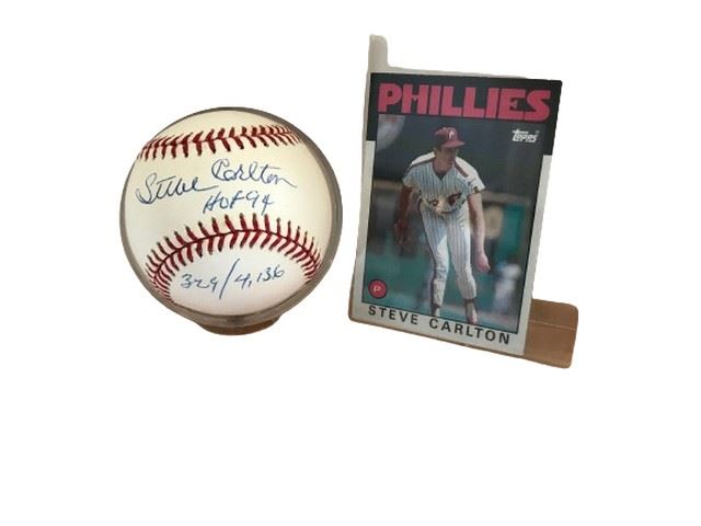 Steve Carlton Signed Baseball and Trading Card