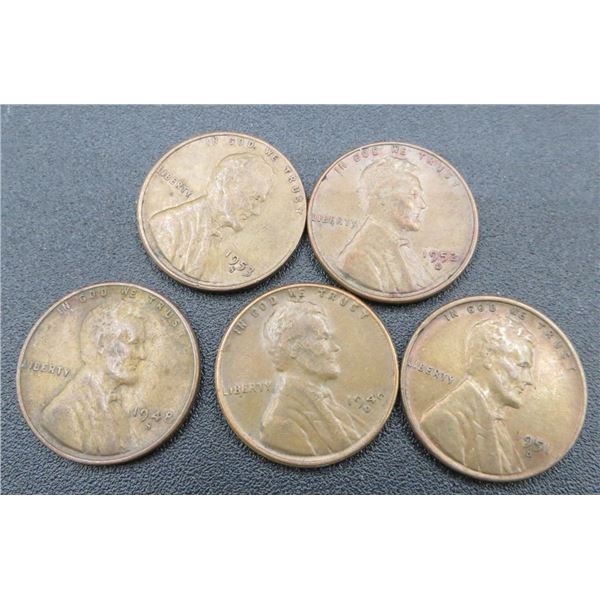 5 USA Pennies 1948, 1949, 1951, 1952, 1953