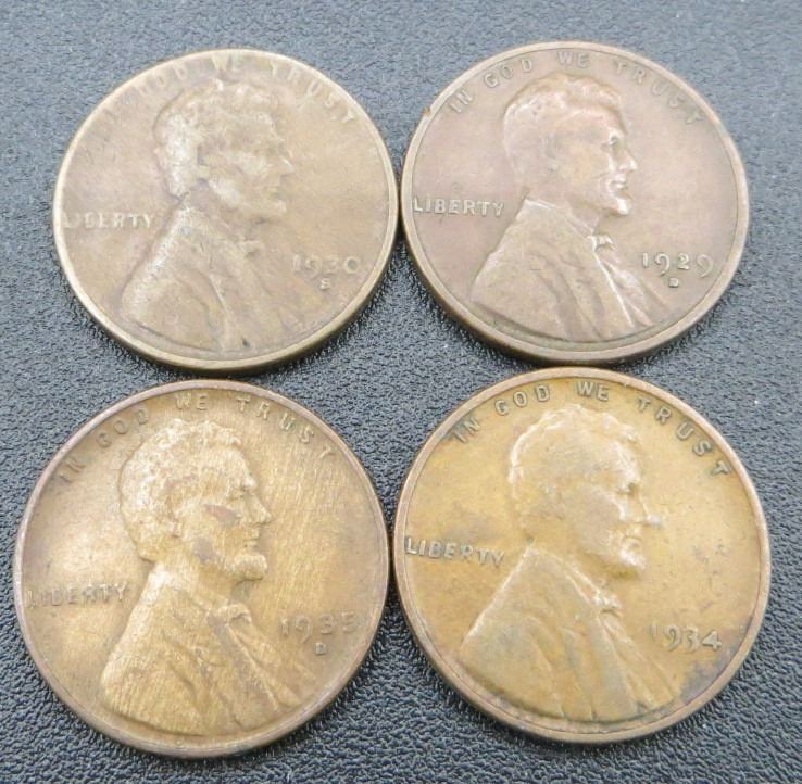 4 USA Pennies 1929, 1930, 1934, 1935