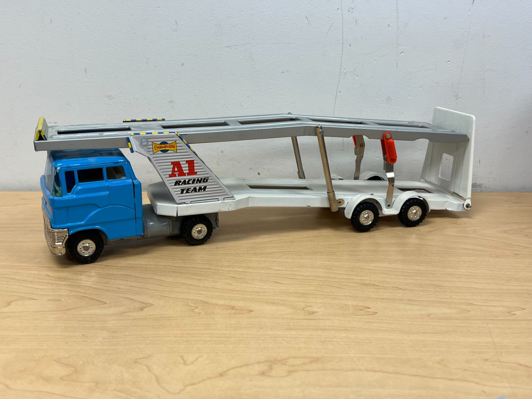 Vintage Japan Champion A1 Racing Team Tin Metal Car Transporter Hauler ...