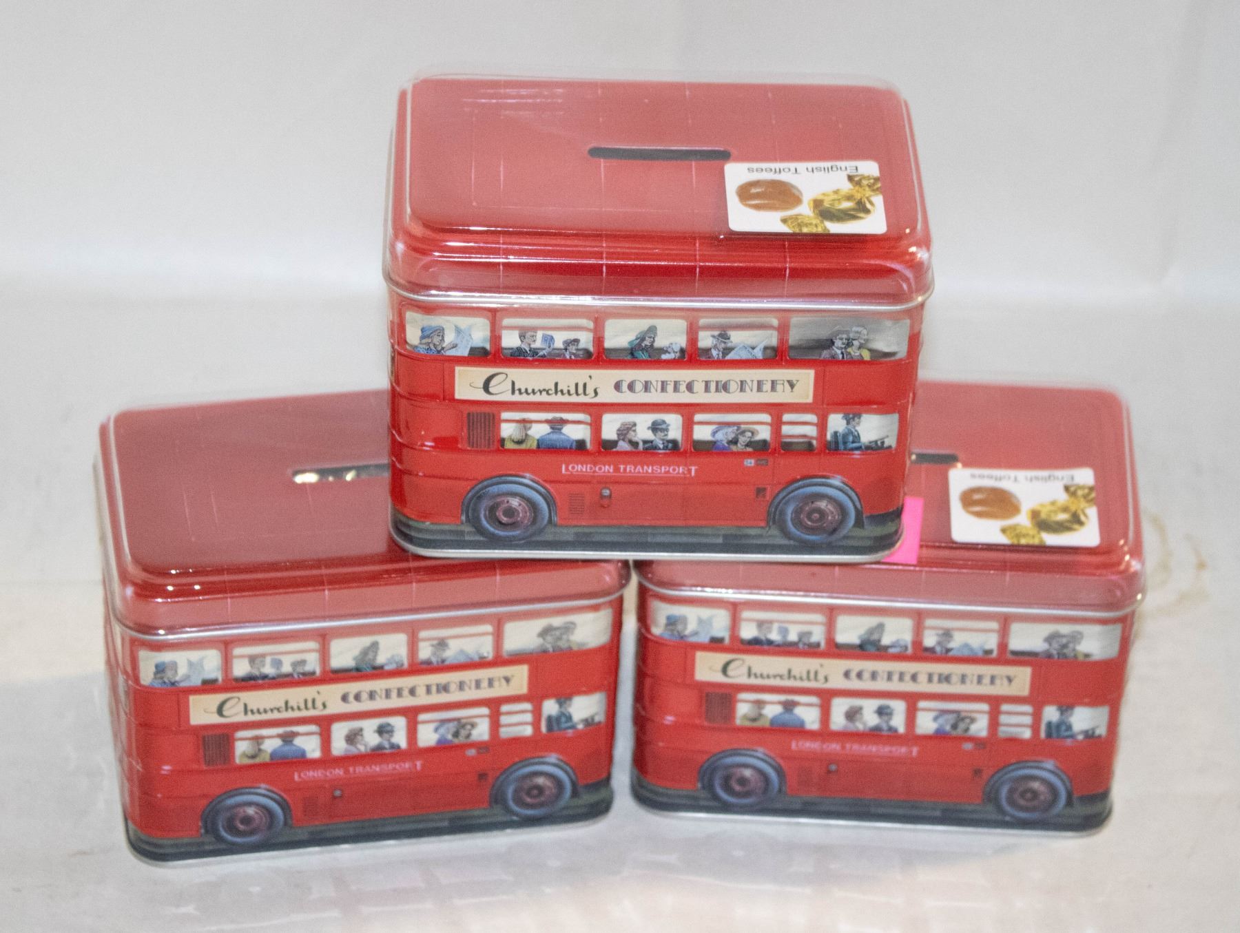 THREE LONDON BUS TIN BANKS WITH WALKERS