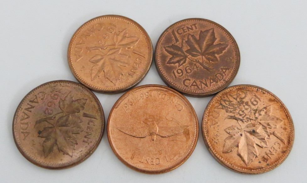 5 Canadian Pennies 1962, 1963, 1964, 1965, 1967