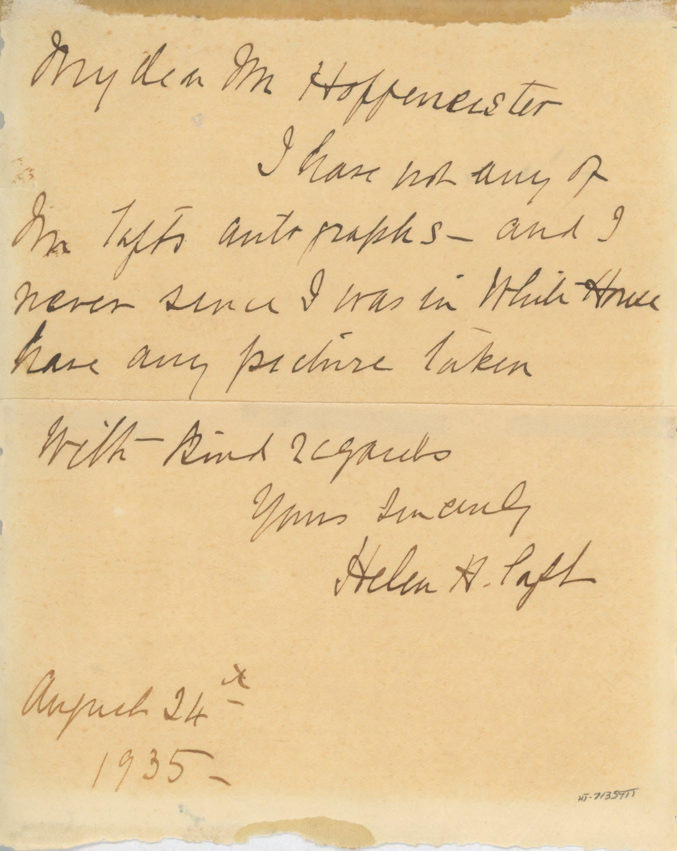 First Lady Helen Taft hand written signed letter written in 1935