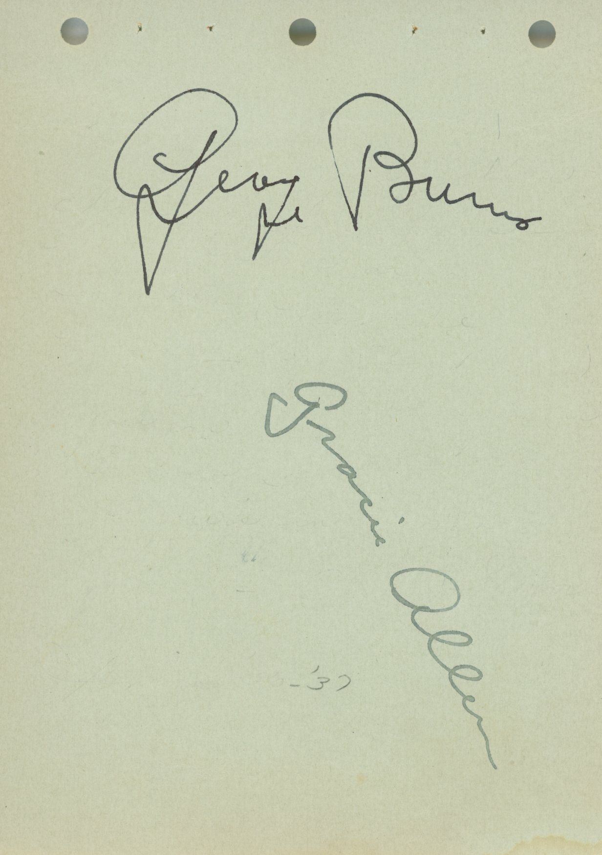 George Burns and Gracie Allen signature cut. GFA Authenticated