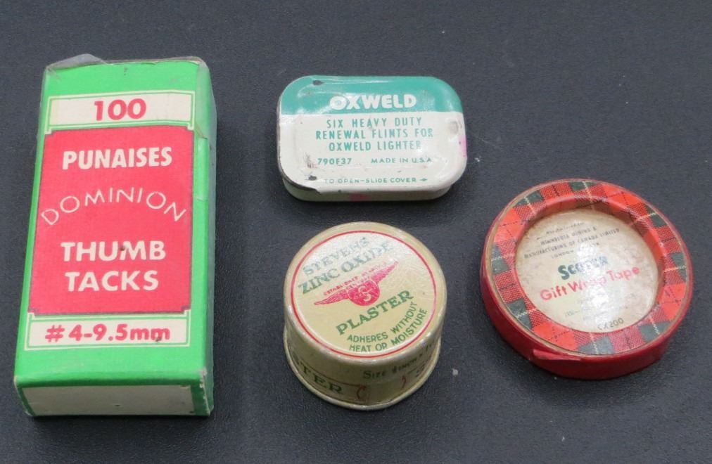 Vintage Thumb Tacks, Scotch Tape, Plaster & Flint Containers with cintents