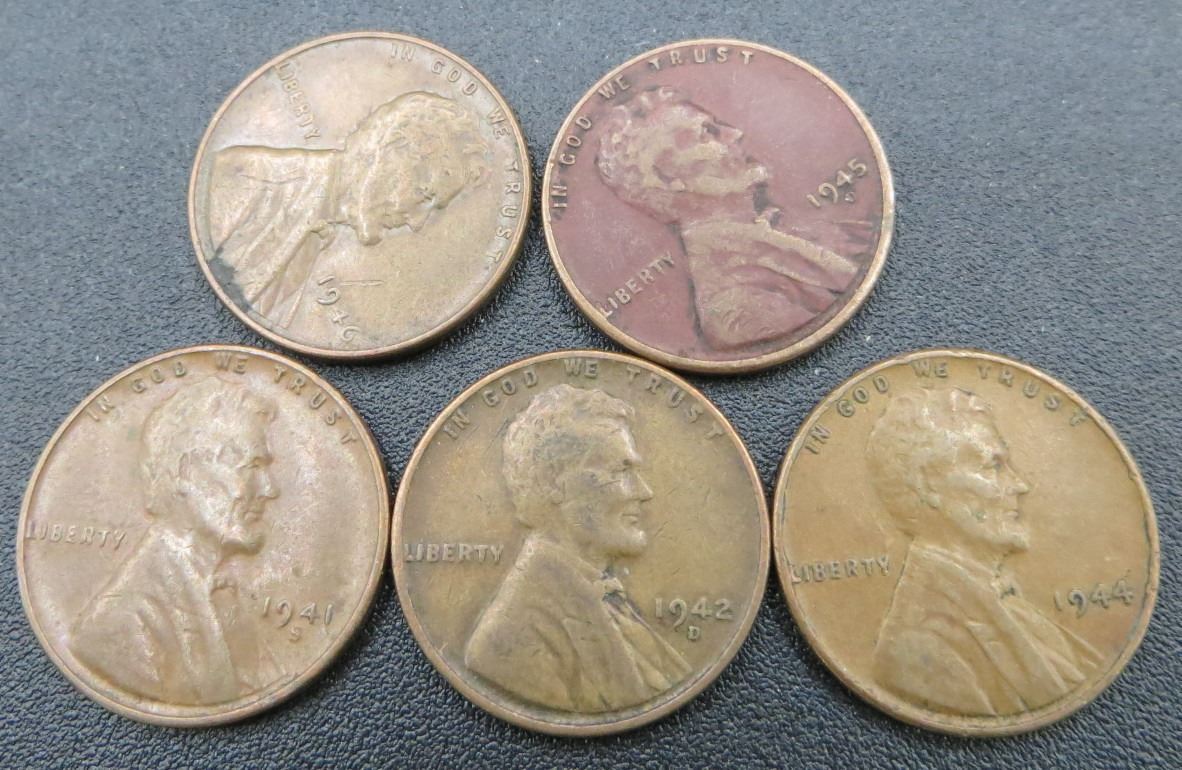 5 USA Pennies 1941S, 1942D, 1944, 1945D, 1946