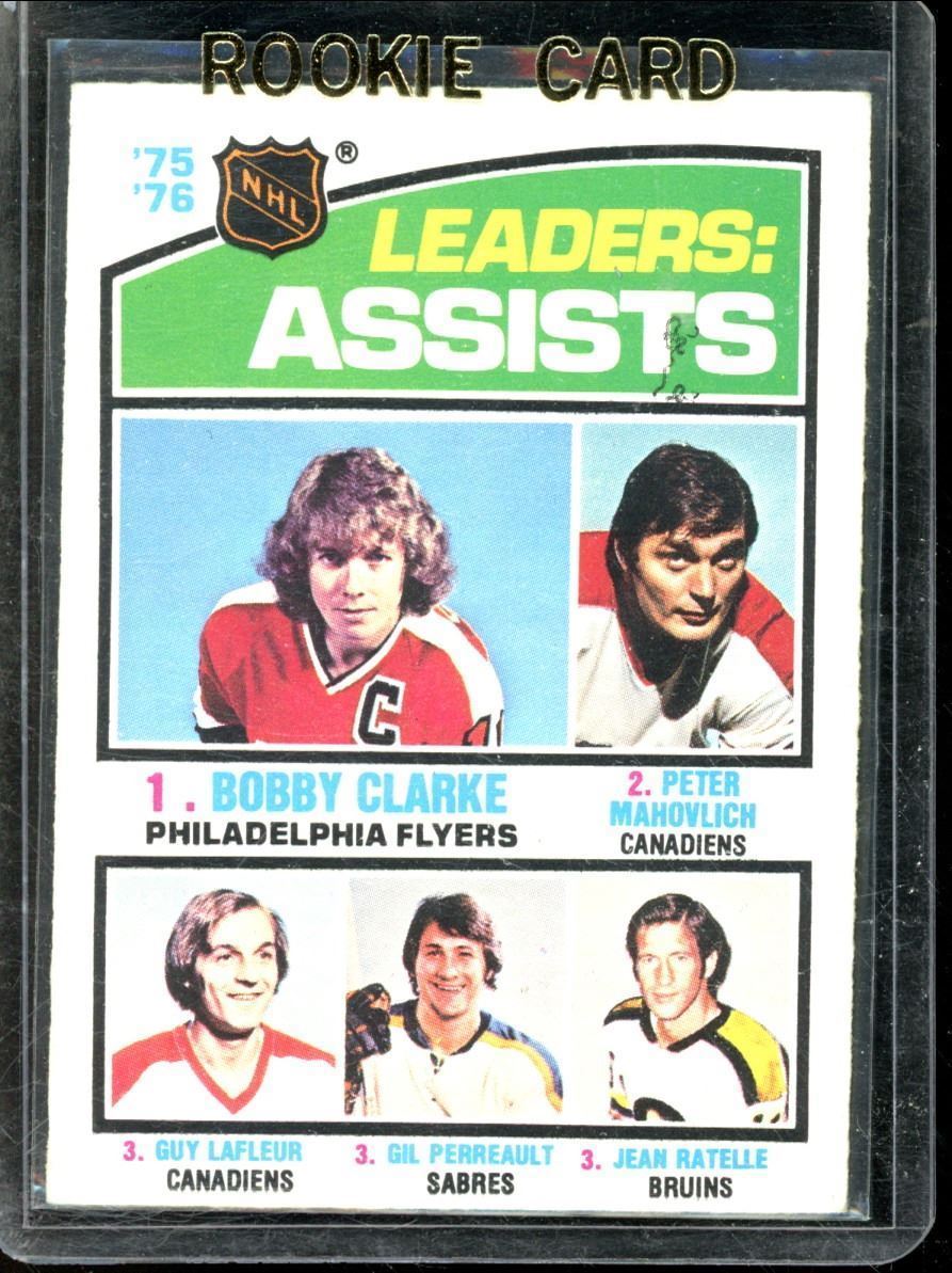 1976-77 OPC #2 Assist Leaders Bobby Clarke/Peter Mahovlich/Guy Lafleur ...