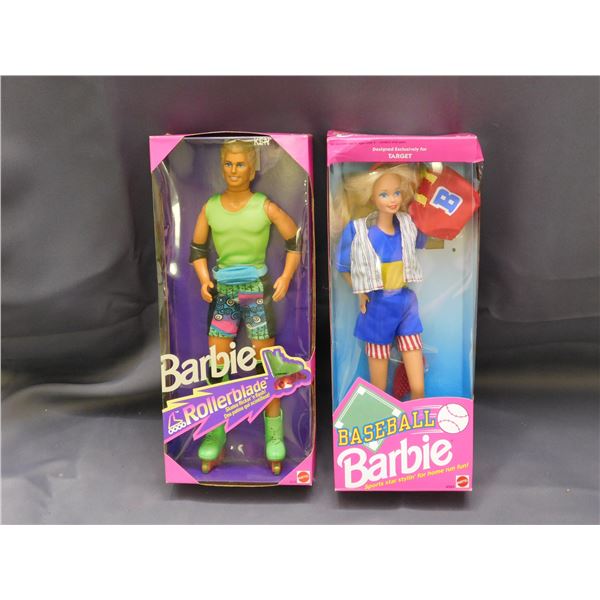 Lot of 2 Baseball Barbie 1992 & Rollerblade Ken 1991 (previously opened)