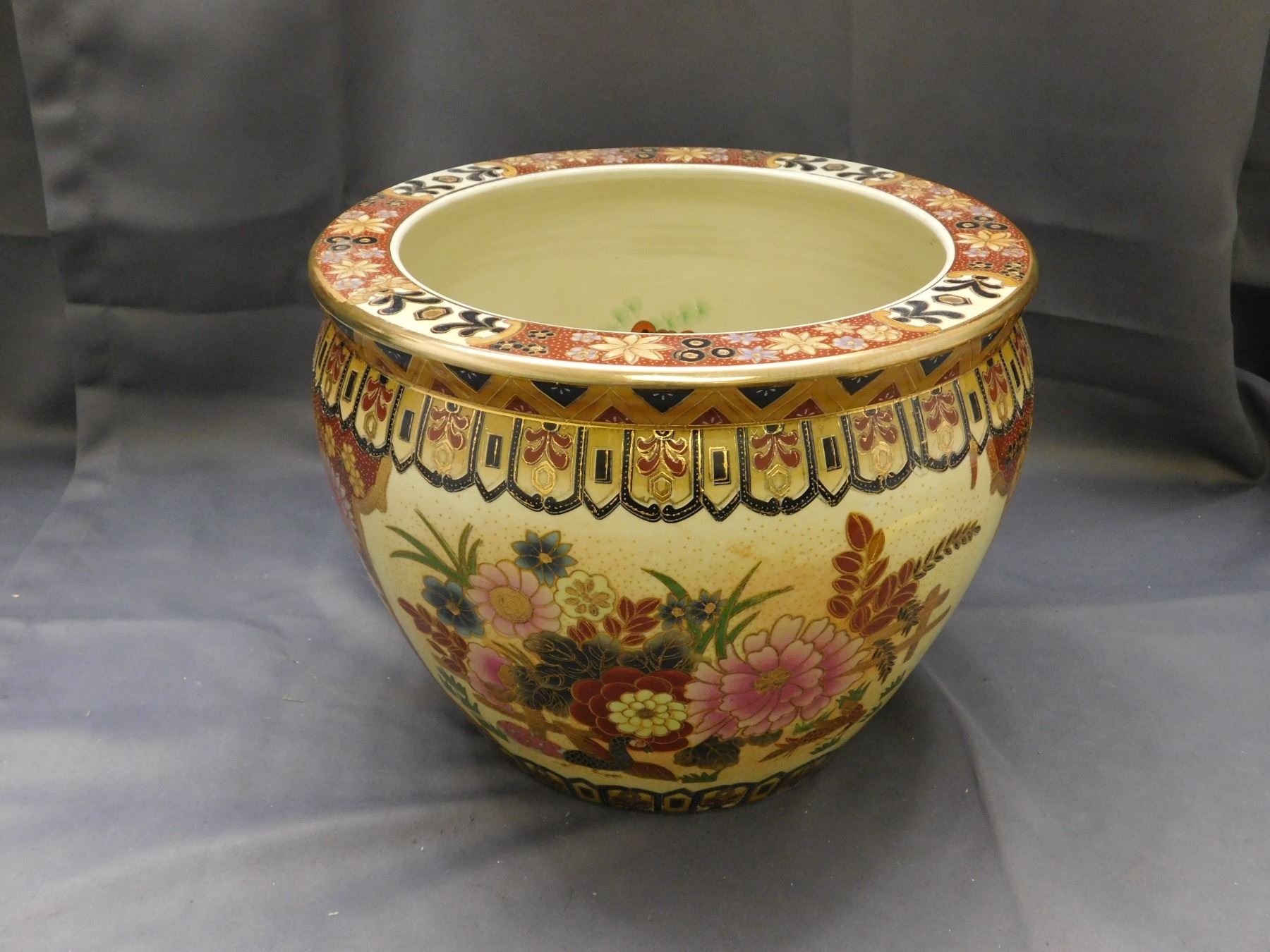 Large Asian Painted Plant Pot Koi Fish, Flowers, Etc