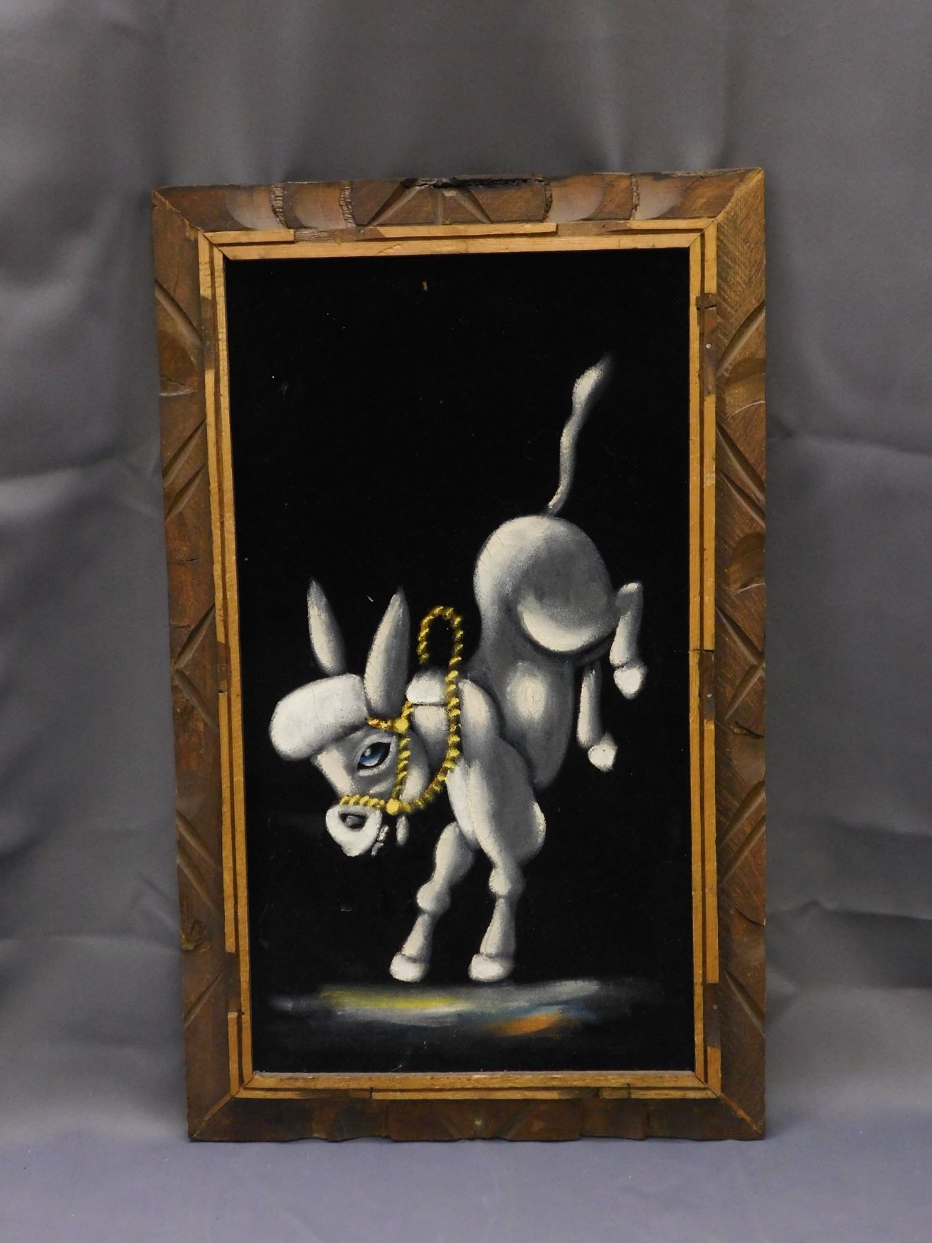 Vintage Black Velvet Painting of Donkey
