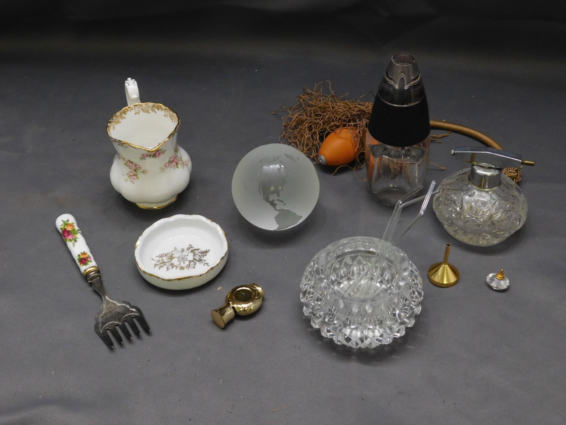 END OF THE RUN Tea Cup, Frosted Globe Paperweight, Atomizer Perfume, Etc