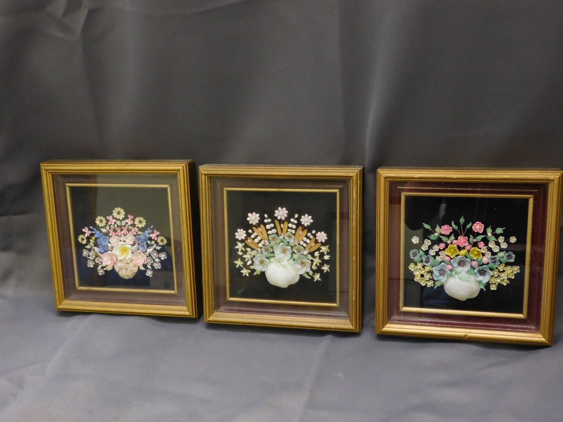 Lot of 3 Vintage Square Shell Art Bouquet 3D Wall Art