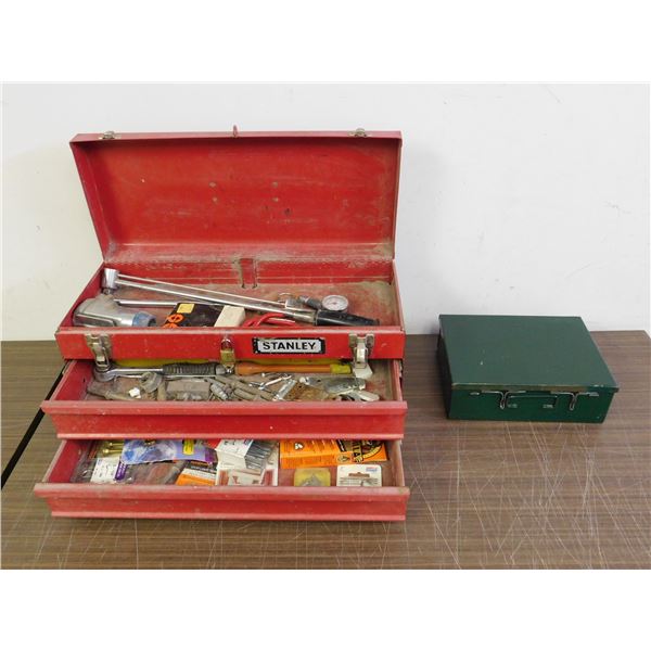 Lot of 2 Stanley Red Tool Box with Drawers & Metal Green Army Box