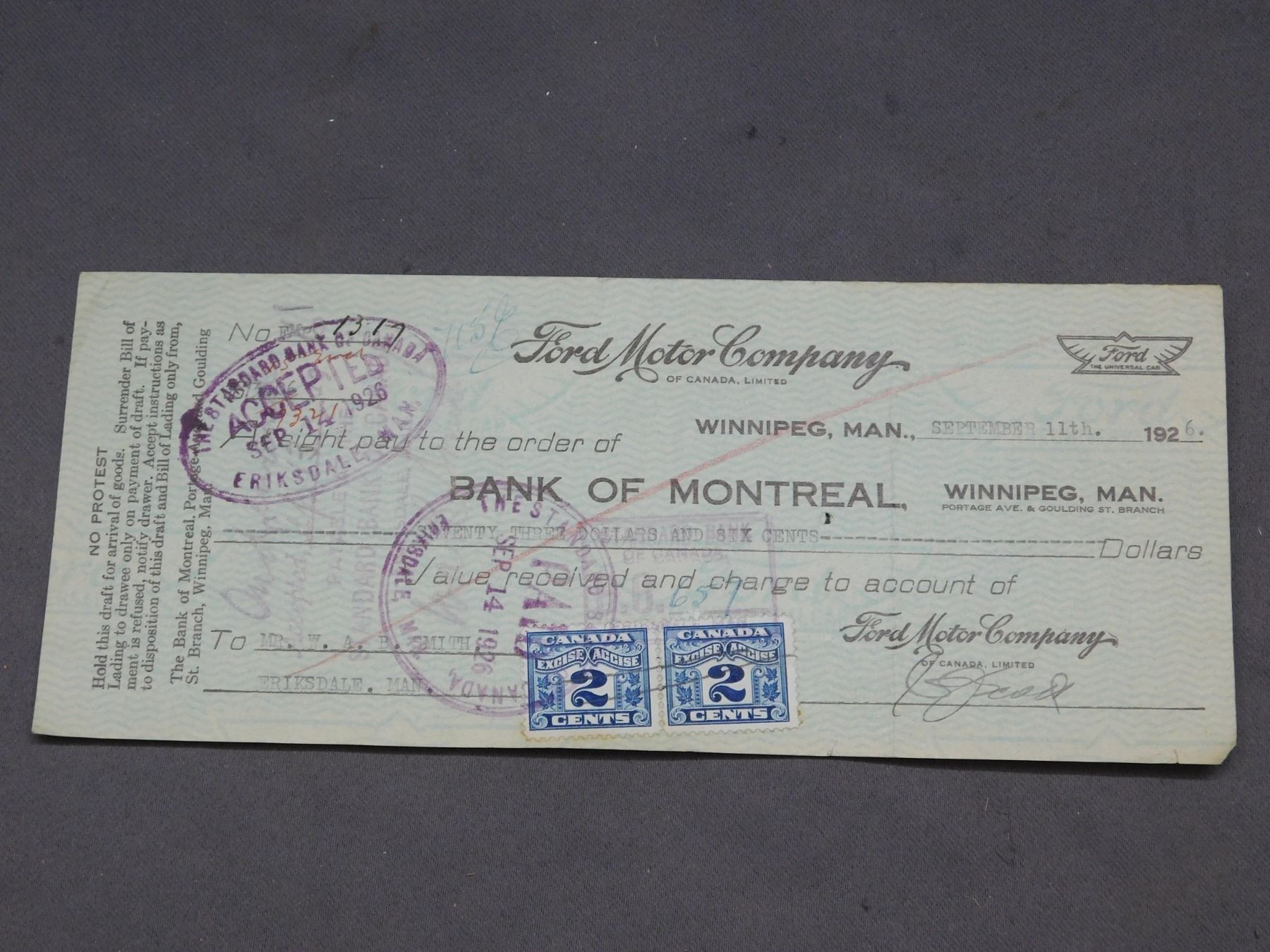 Ford Motor Company of Canada Vintage Cheque 1926