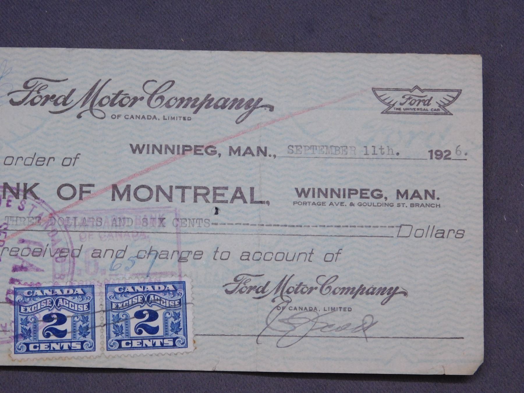 Ford Motor Company of Canada Vintage Cheque 1926