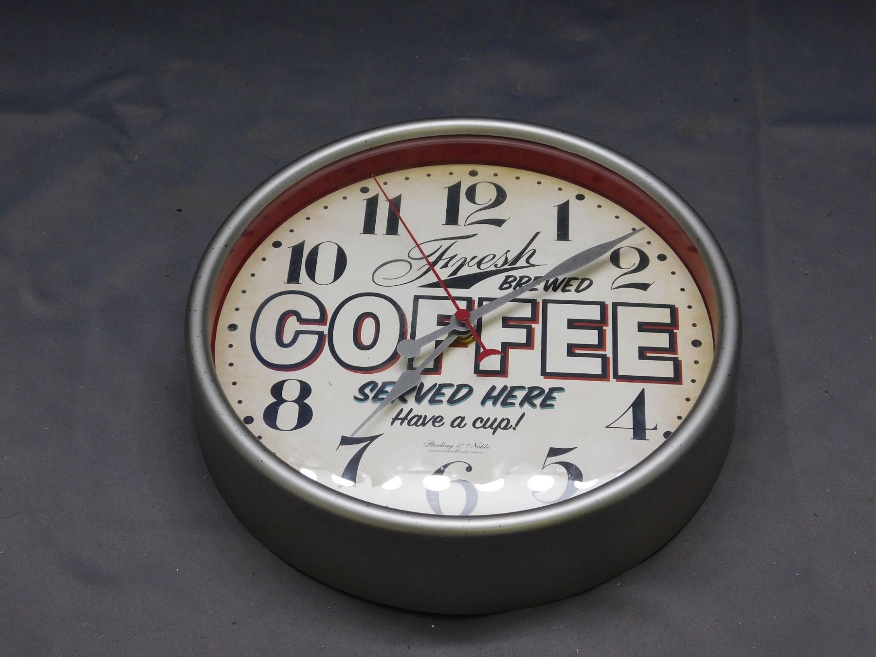 Vintage Style Chrome Border Wall Clock "Fresh Brewed Coffee Served Here"