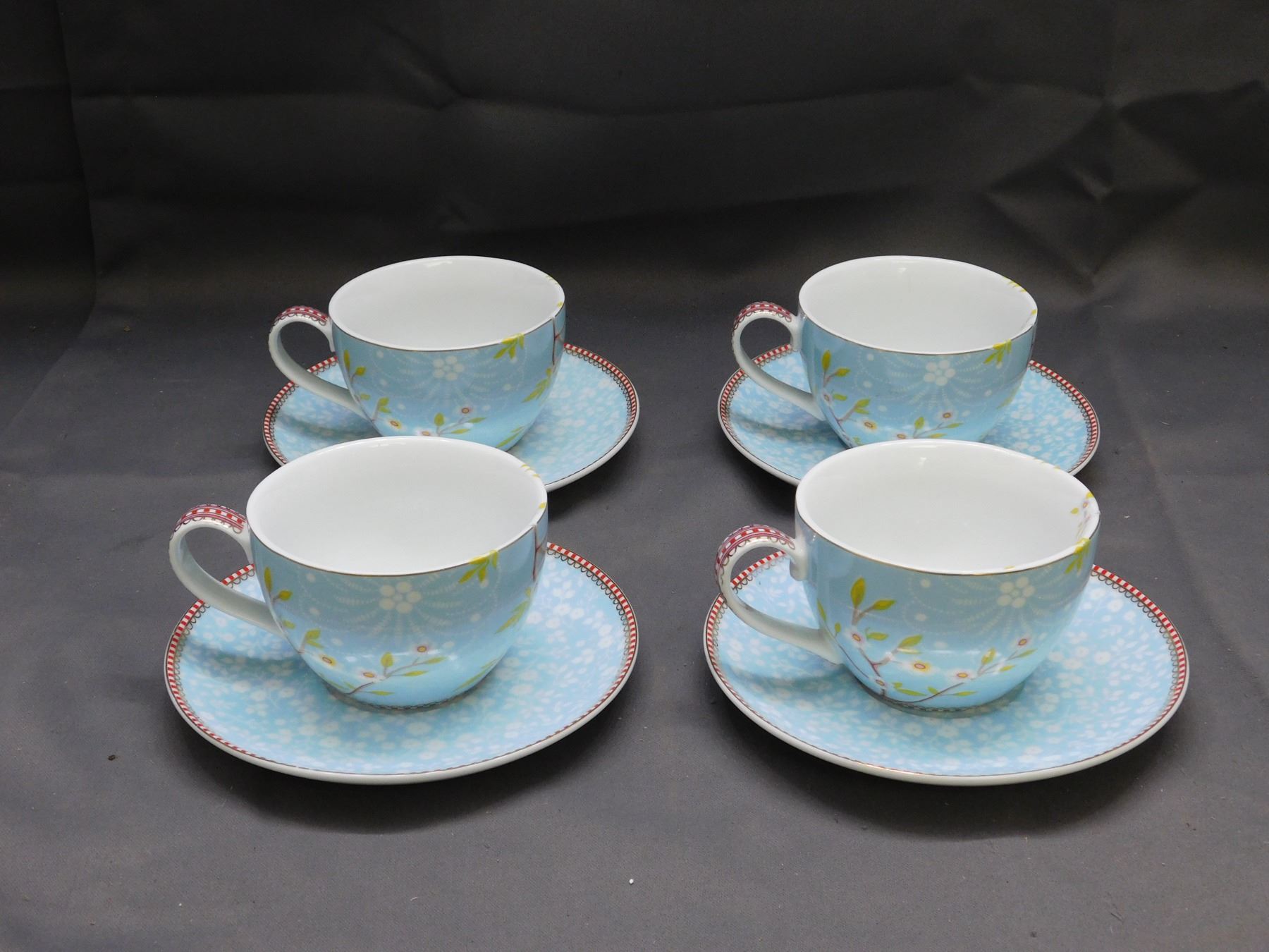 PiP home Fine Porcelain Tea Cups and Saucers Set of 4 Baby Blue Floral
