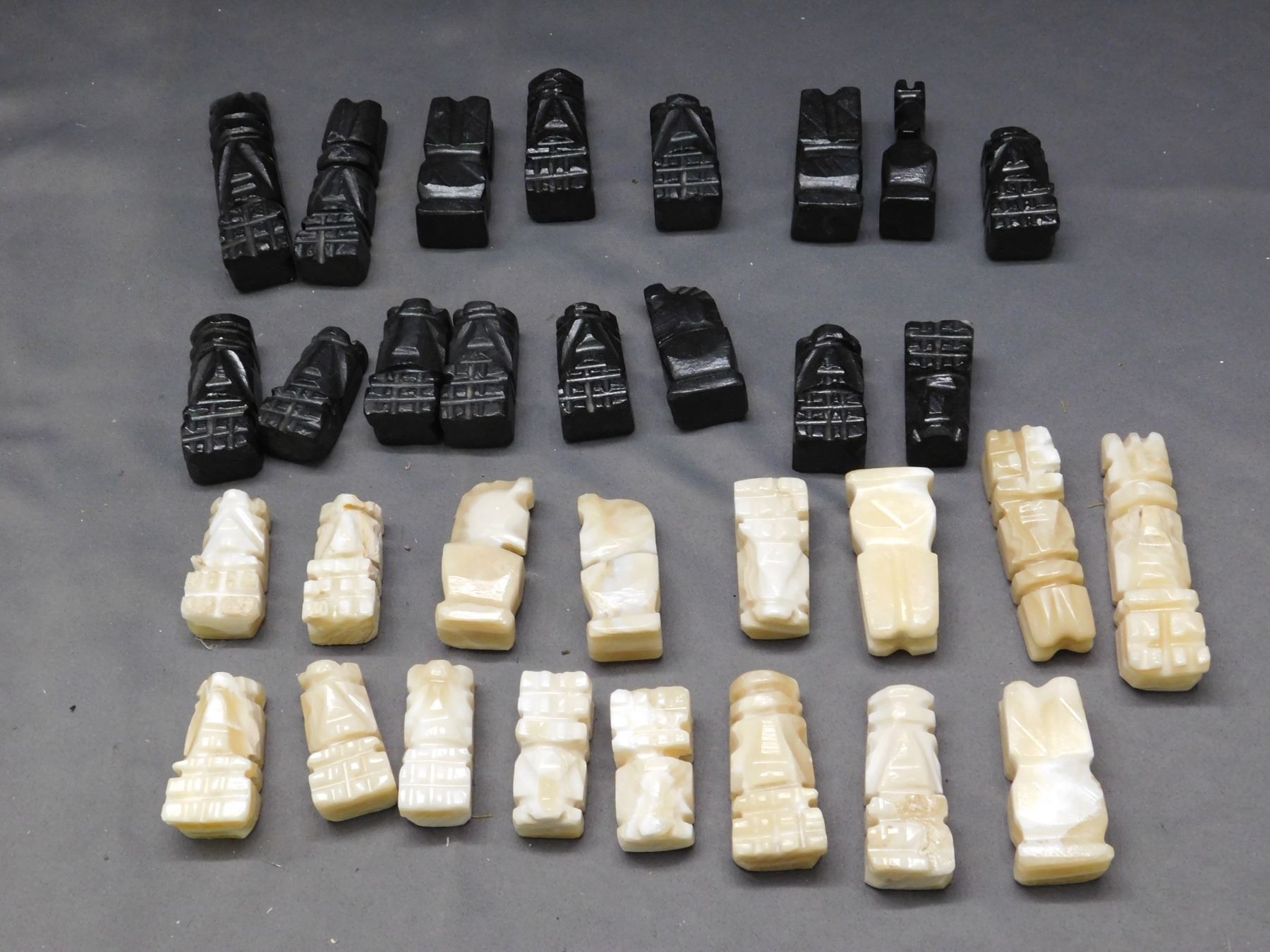 Set of Stone Black & White Chess Pieces Tribal Tiki