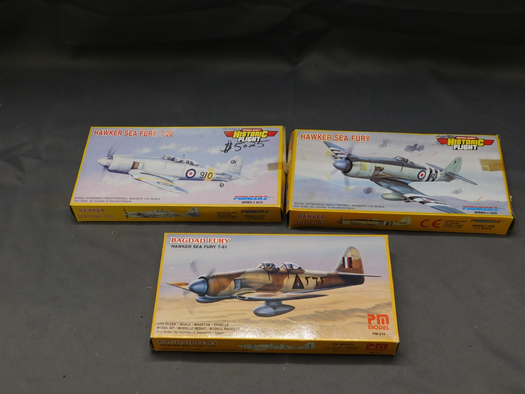 Lot of 3 Model Kits Pioneer 2 & PM Model Hawker Sea Fury, T-20, Bagdad ...