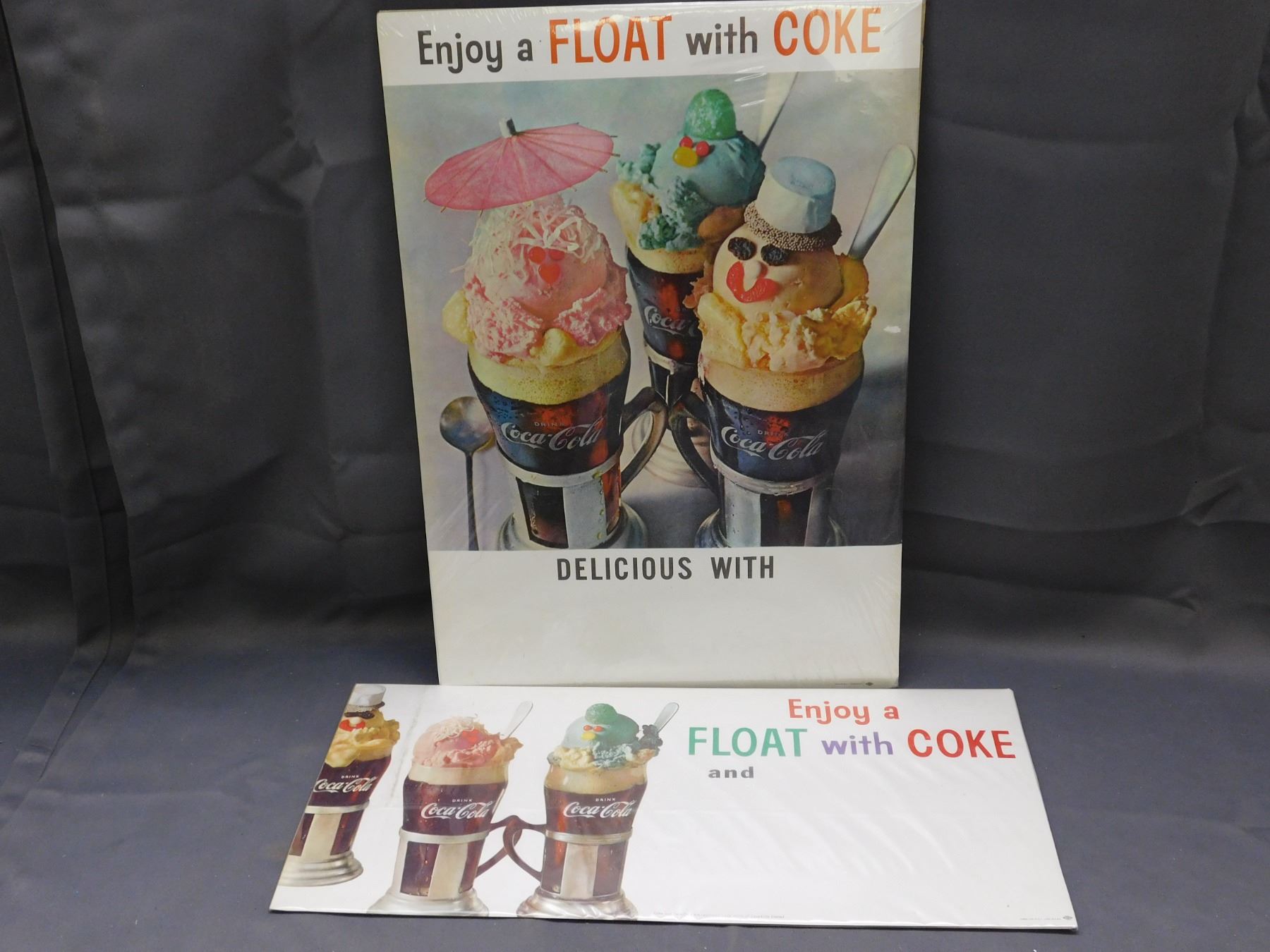 Lot of 2 "Enjoy a Float with Coke" Advertising Store Menu Posters Vintage