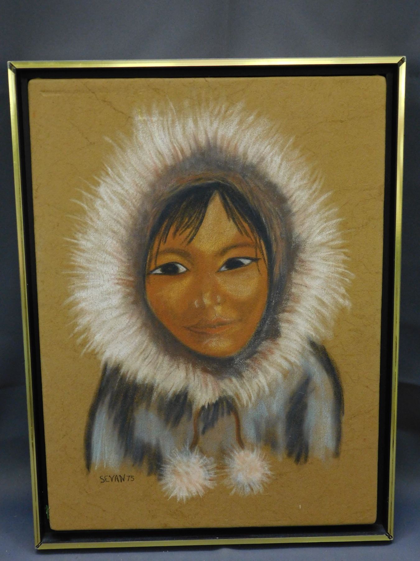 Original Inuit Indigenous Hide Artist Signed Sevan 75 Artwork Chalk Pastels