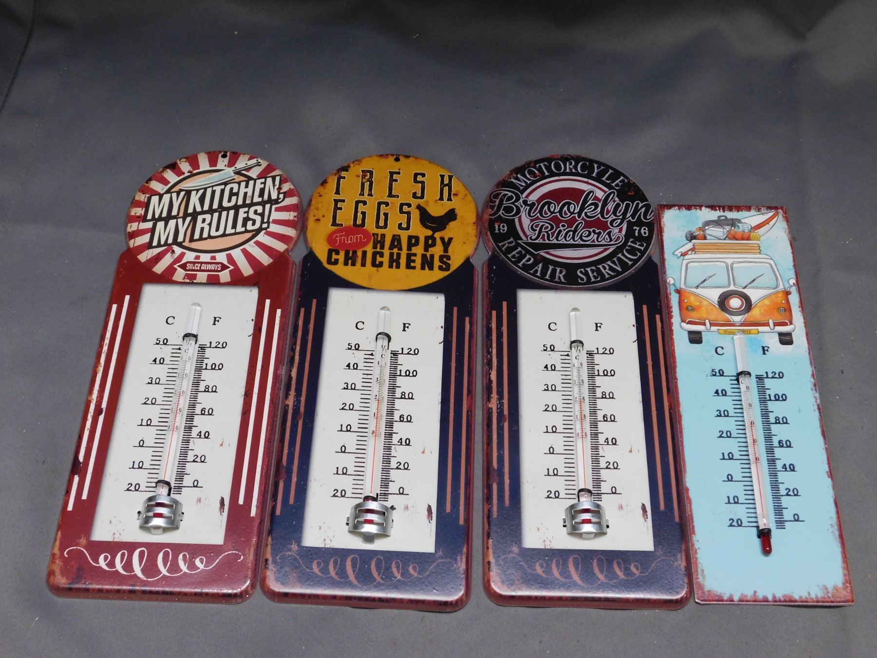 4 Retro Style Wall Thermometers 11 1/2" Tin