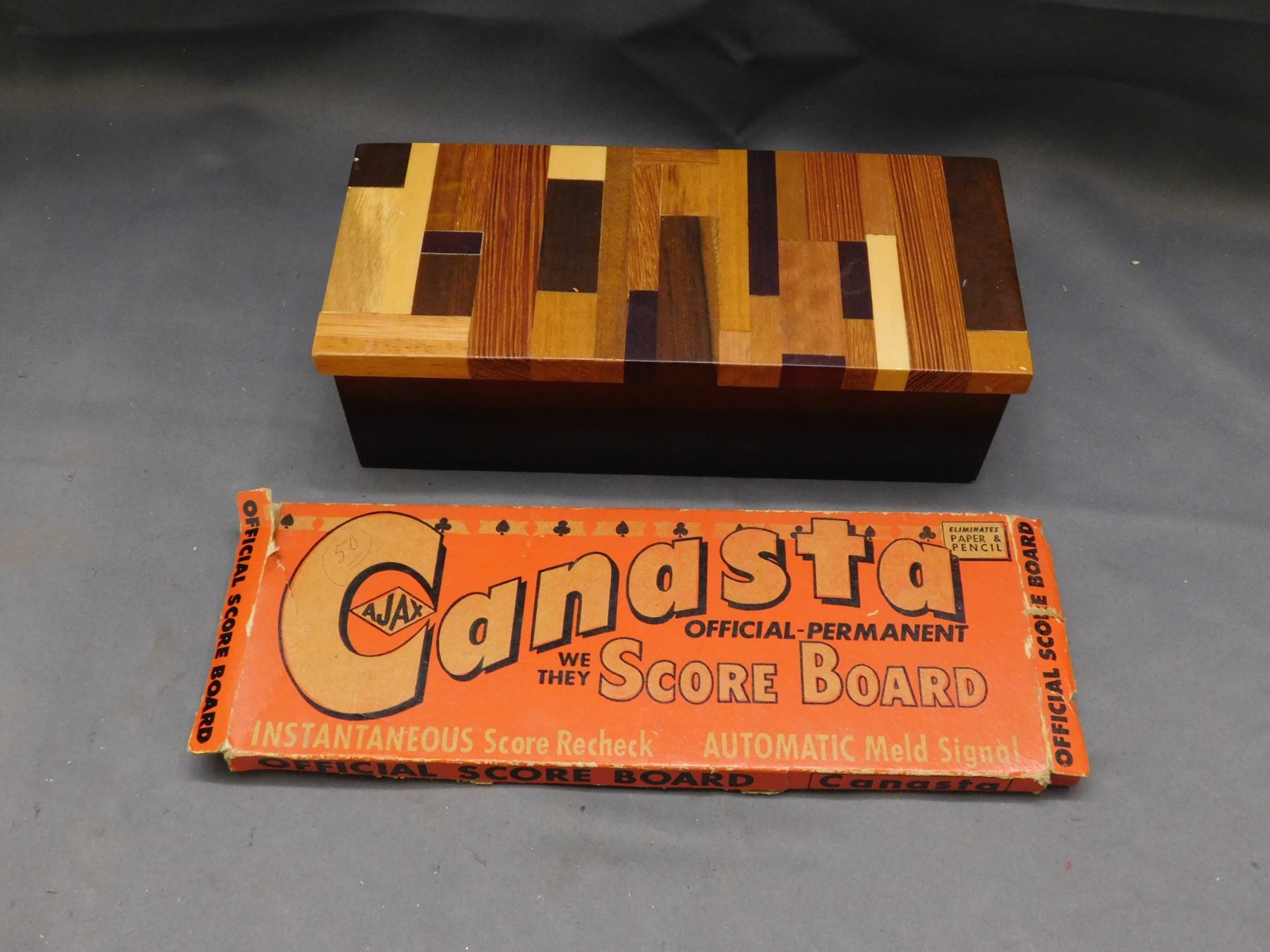 Wooden Box of Dominos and Canasta Score Board