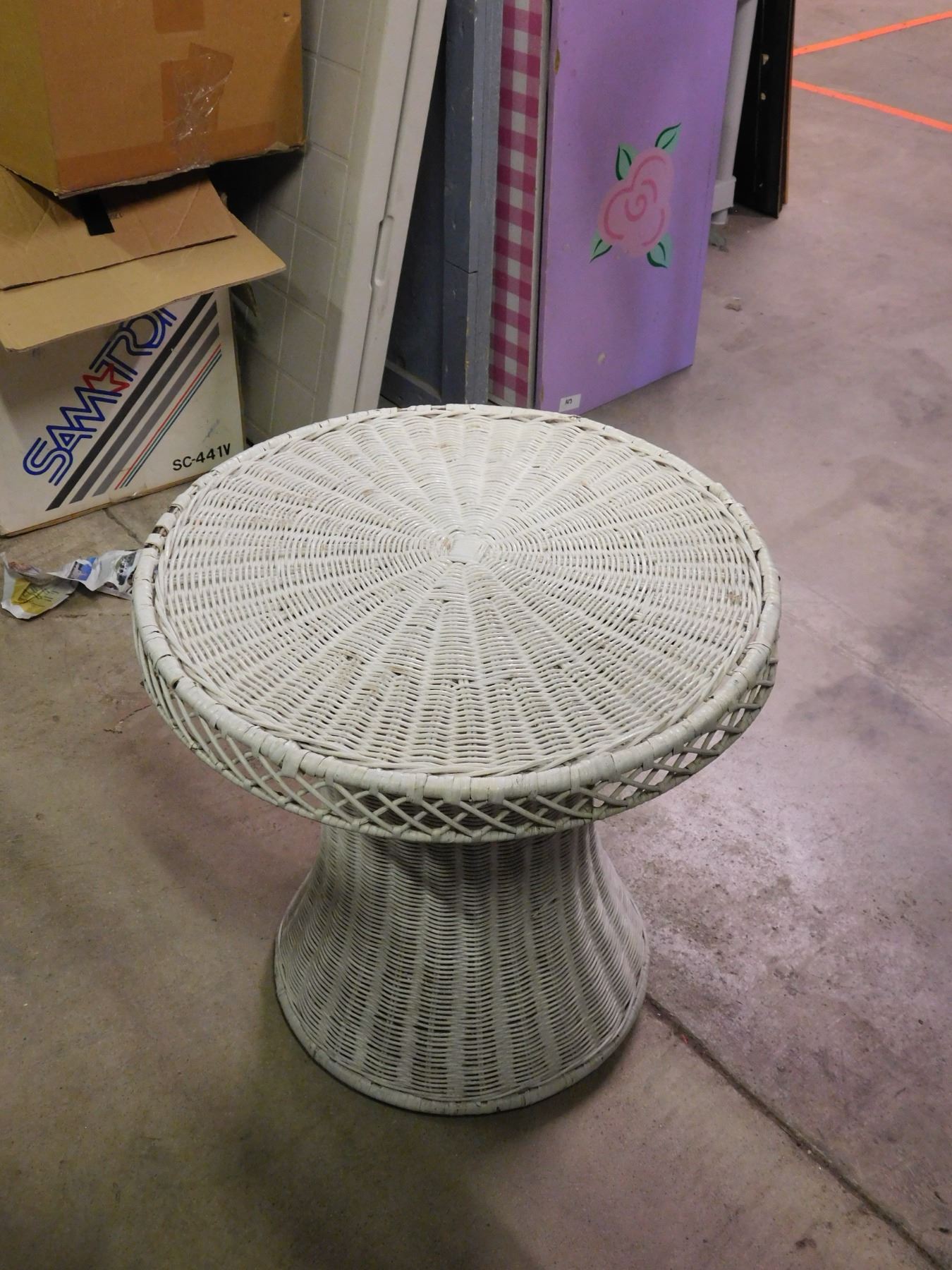 Shabby Chic White Wicker Patio Side Table