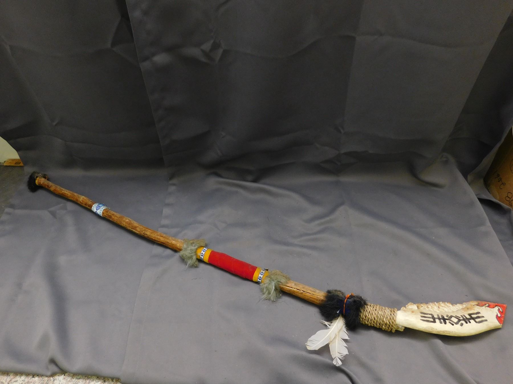 Wood & Animal Bone Jaw Segment Decorated Staff with Fur & Feathers ...