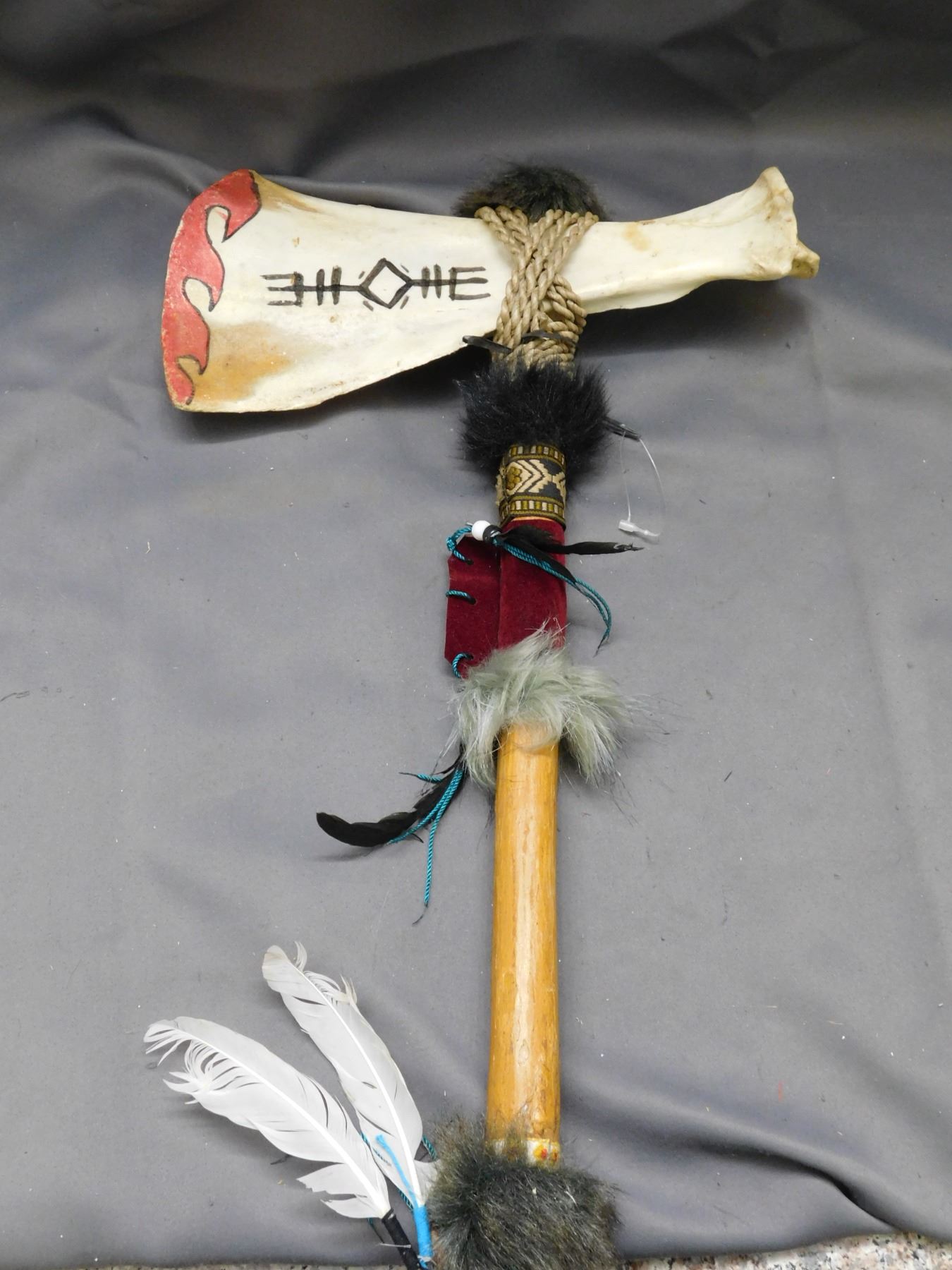Wood & Animal Bone Shoulder Segment Decorated Axe with Fur & Feathers ...